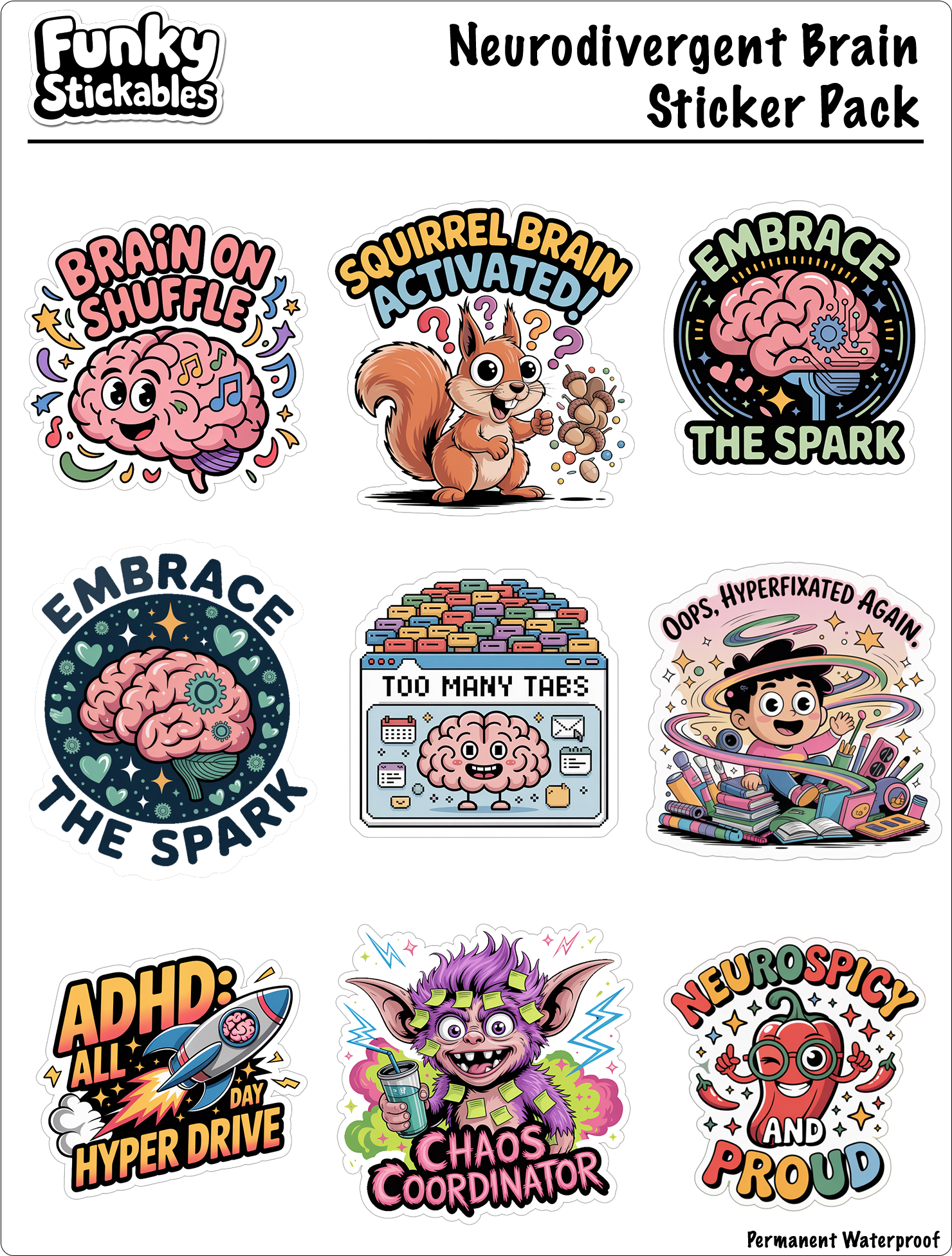 Neurodivergent Sticker Pack – 24 Fun Vinyl Stickers Pack - Funky ...